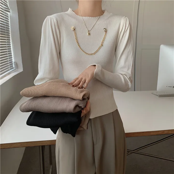 RunLi เสื้อ [Workwear] ผู้หญิงแขนยาวถักเสื้อคอกลมสลิมฟิตแฟชั่นอารมณ์ที่ ...