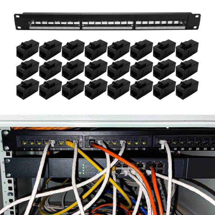 19Inch 1U Cabinet Rack Pass-Through 24 Port CAT6 Patch Panel RJ45 Cable ...