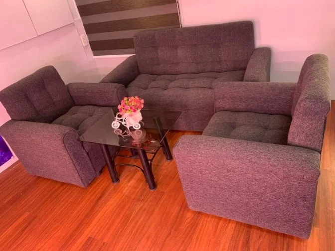 SALA SET DARK GREY FABRIC WITH GLASS TABLE URATEX FOAM | Lazada PH