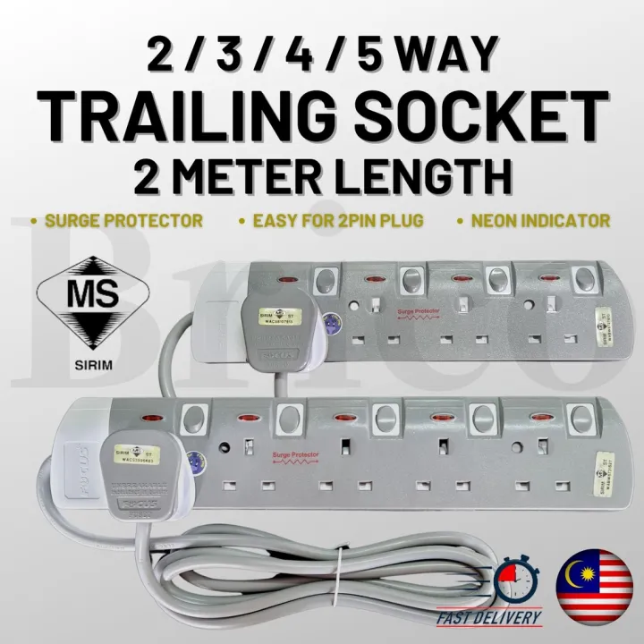 [sirim] 2m Extension Trailing Socket W Neon Plug Adaptor Multiple Universal Adapter Cord 2 3 4 5