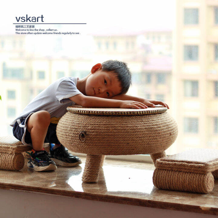 Hemp rope tatami tea table balcony Zen small tea table round tea table ...