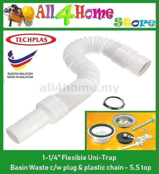 32mm 1-1/4" TECHPLAS Flexible Uni-Trap + Basin Waste c/w plug & plastic ...