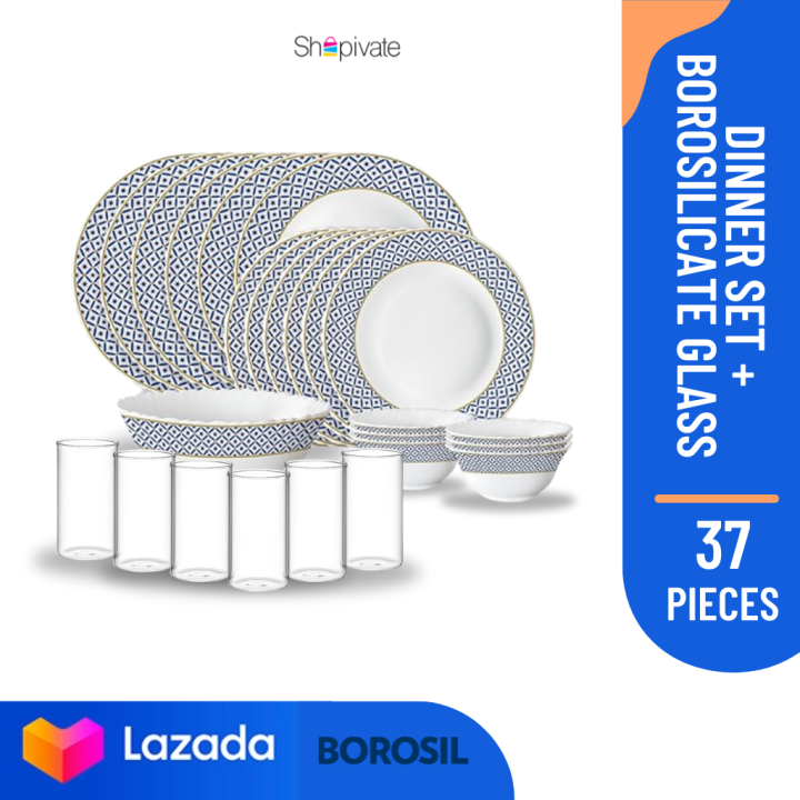 Borosil DINNER SET Juliet Fluted with BOROSILICATE GLASSES (37 Pieces ...