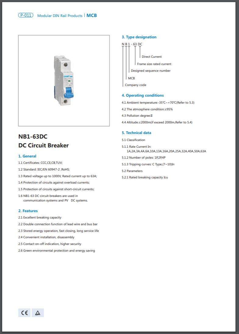 CHINT DC Circuit Breaker NB1-63DC 1P 2P 4P DC500V 6KA C1A 2A 3A 4A 5A 6A 10A 16A 20A 25A 32A 40A ...