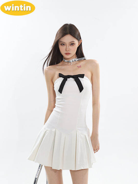 Wintin ชุดเดรสสตรีเข้ารูปเปิดคอโบว์แบบจีบเข้ารูปสไตล์บริสุทธิ์เซ็กซี่ ...