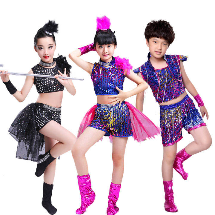 Kids Girl Sequins Crop Tops Shorts Clothing Boys Rose Red Jazz Dance ...
