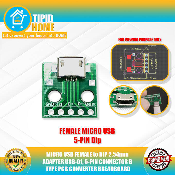 MICRO USB FEMALE to DIP 2.54mm ADAPTER USB-01, 5-PIN CONNECTOR B TYPE ...