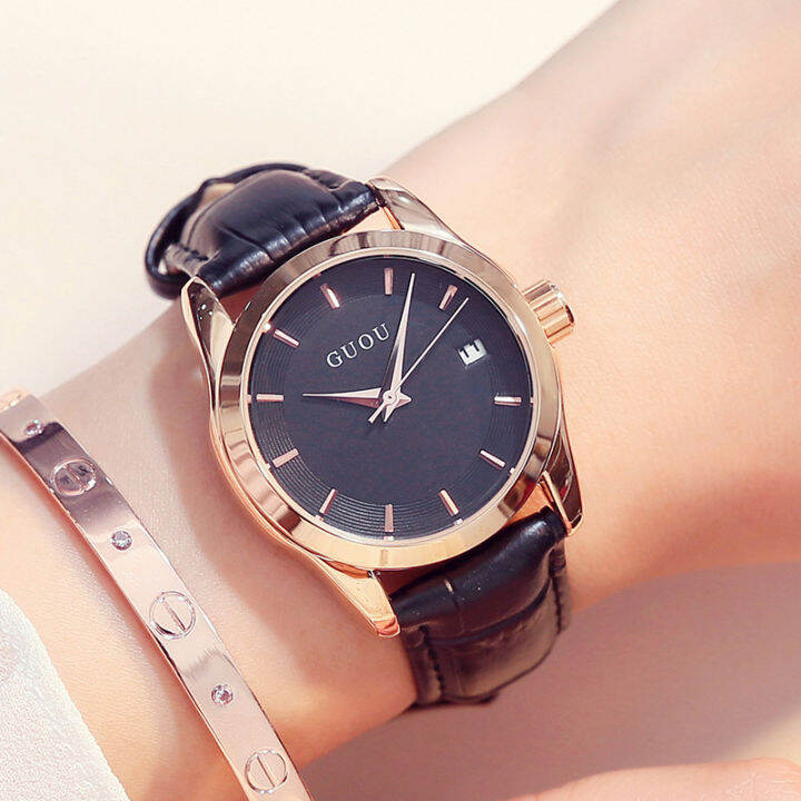 GUOU（100 authentic ） นาฬิกาข้อมือผู้หญิงสายหนังเทรนด์แฟชั่นสไตล์ ...