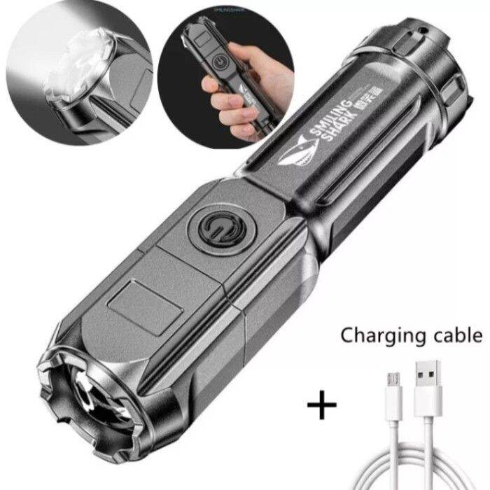 FLASHLIGHT SMILING SHARK Senter USB ABS RECHARGEABLE ZOOM(W6H2) Led ...