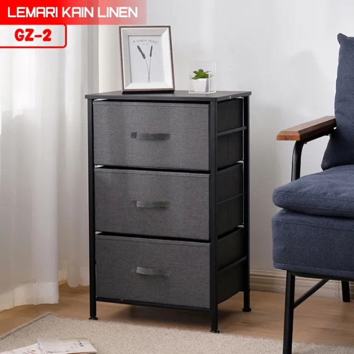 Lemari Aesthetic 3 Laci Kain Linen Rak Penyimpanan Sisi Ranjang Lemari ...