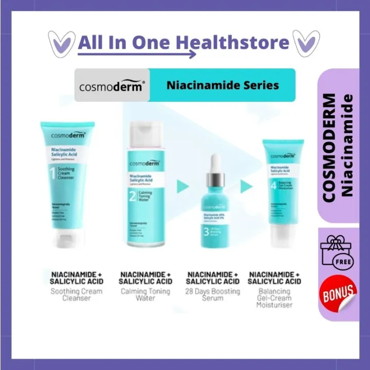Cosmoderm Niacinamide and Salicylic Acid Cleanser / Toning water/ Serum ...