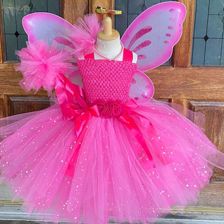 Girls Pink Flower Fairy Dress Kids Glitter Butterfly Tutu Dresses with ...