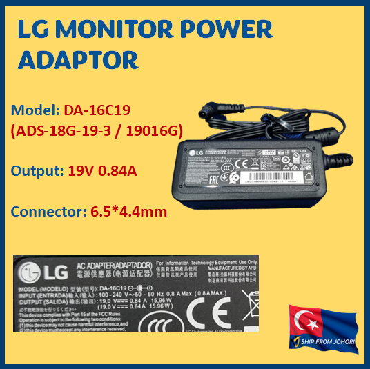 LG MONITOR POWER ADAPTOR 19V 0.84A / 1.3A for LG DA-16C19 ADS-18SG-19-3 ...