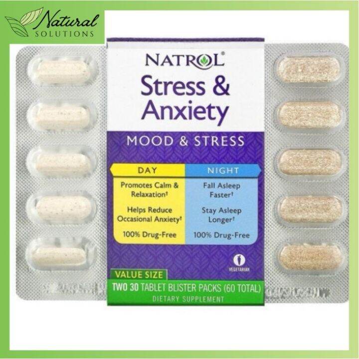 Natural Solutions Natrol, Stress & Anxiety, Day & Night, Two 30 Tablet ...