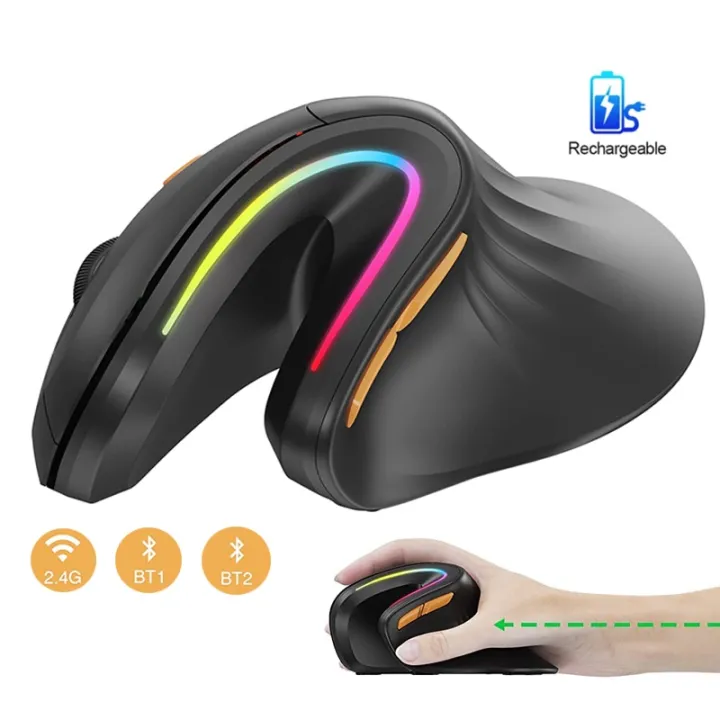 LED RGB Wireless Vertical Mouse Rechargeable Bluetooth+ 2.4G Mouse for ...