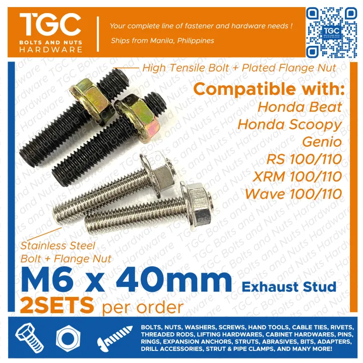 TGC 2SETS Exhaust Stud Bolt High Tensile / Stainless for Motorcycle M6 X 40MM Honda Beat Scoopy ...