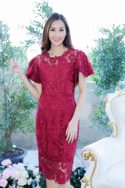 ชุดไปงาน ชุดออกงาน เดรสลูกไม้แขนระบายปักกลิตเตอร์อย่างดีทอหนาเป็นพิเศษ หรูหรา | Lazada.co.th