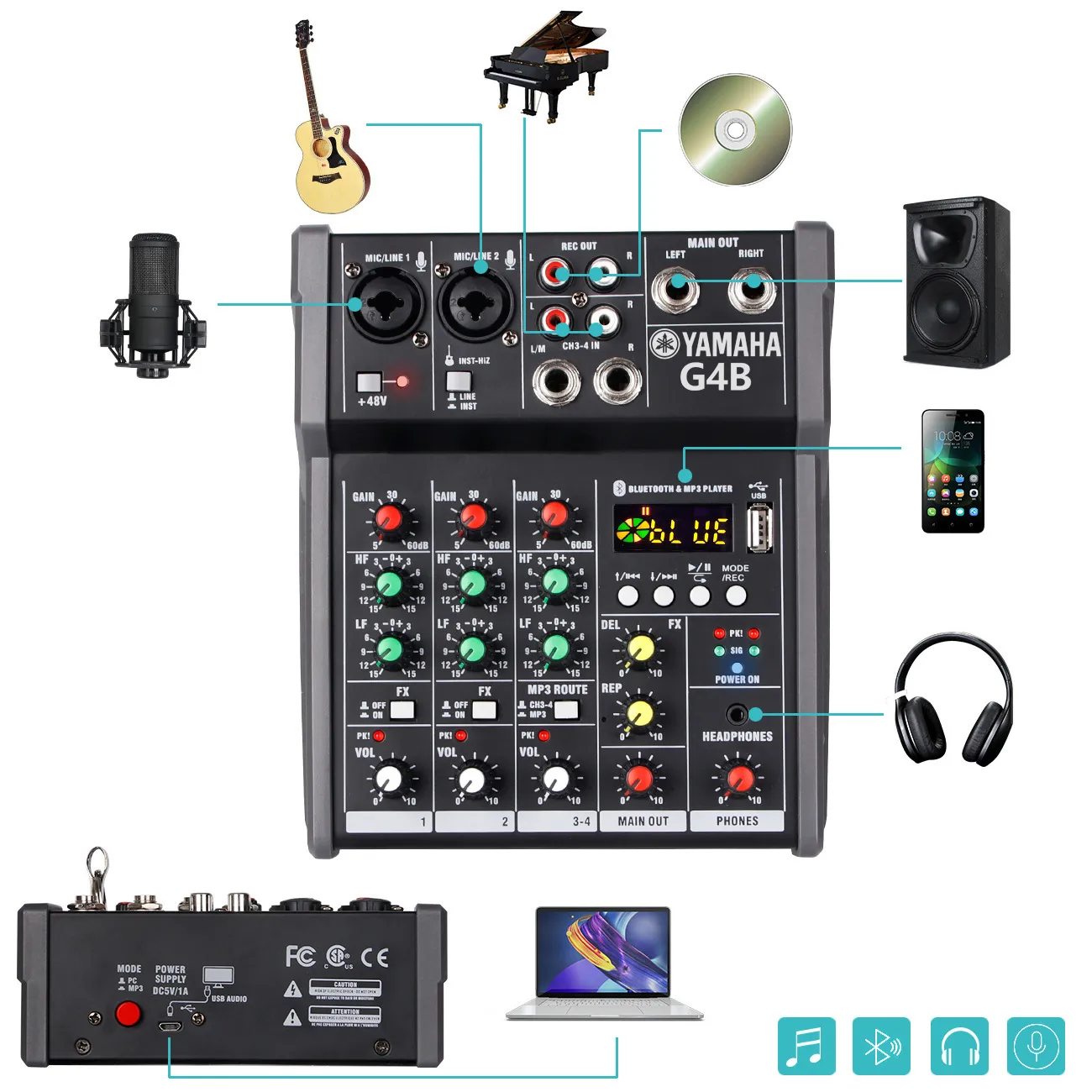 YAMAHA Mixer G4B 4-Way Mixer Bluetooth Resonance Live Sound Card ...