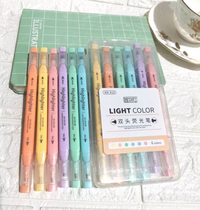 6 Colors Highlighter Pen Cute Dual Tip Pen pastel Color Marker Student ...