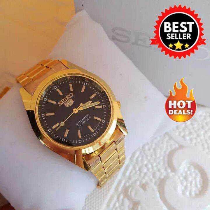 Seiko 5 Quartz Gold Black Dial Stainless Steel Watch for Women Free Box ...
