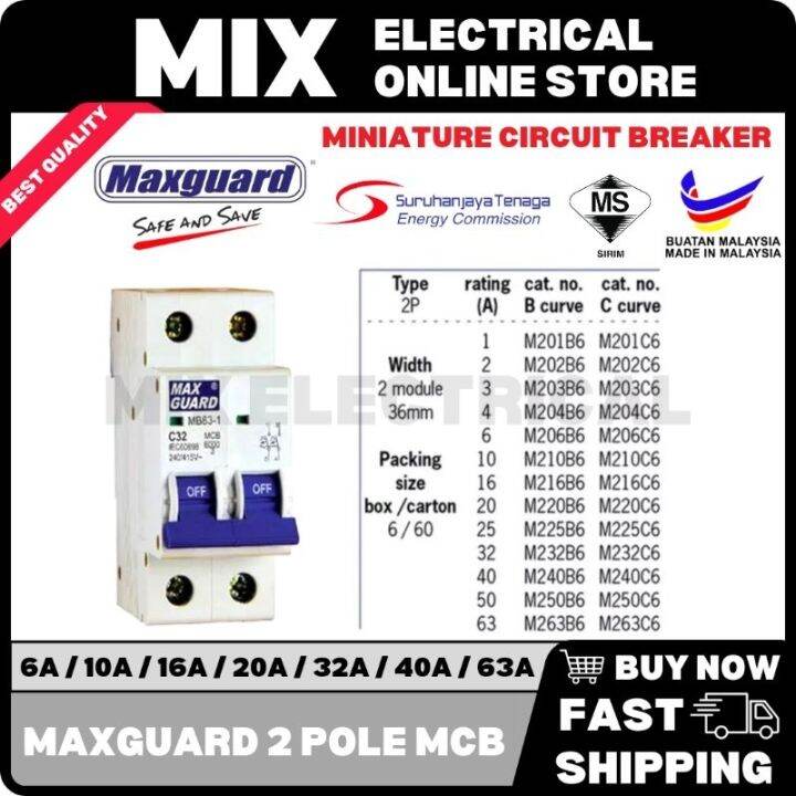 Maxguard GENUINE 2 Pole 6kA Miniature Circuit Breakers (MCB) MCB 6A 10A 16A 20A 32A 40A 63A | Lazada