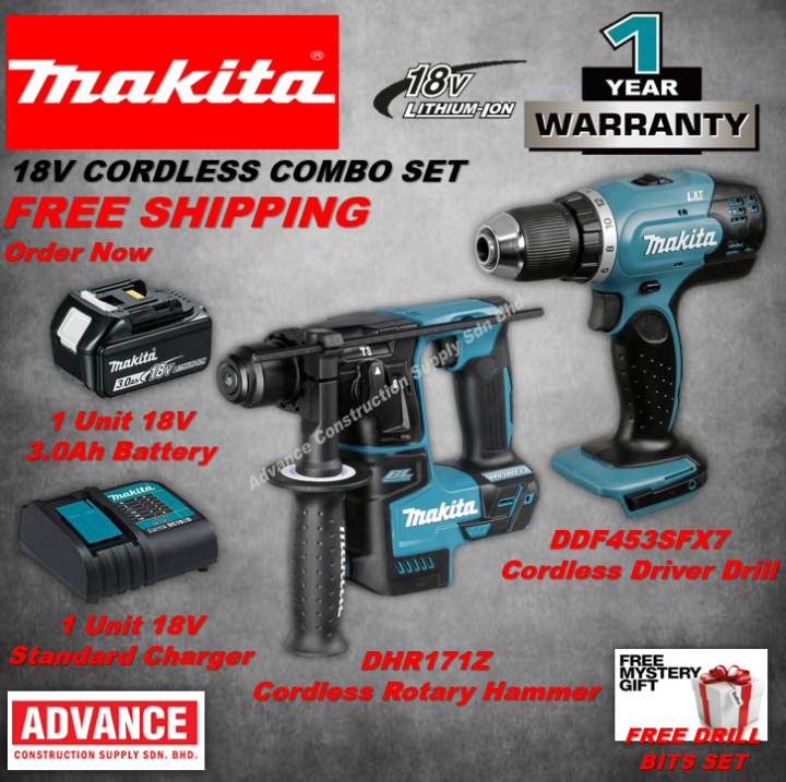 MAKITA 18V Cordless Combo Set RM1489 ( DHP453Z 18V Cordless Hammer Drill / DHR171Z 18V Cordless ...