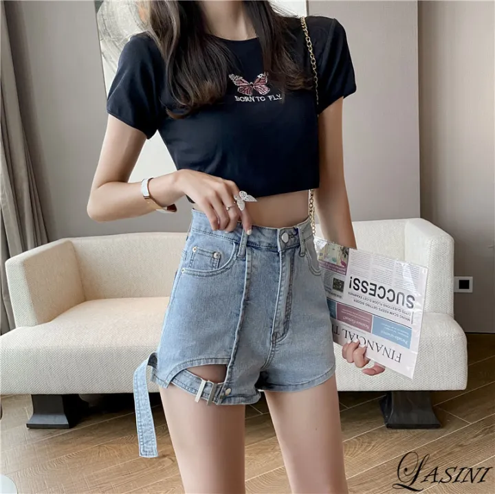 LASINI กางเกงยีนขาสั้นเอวสูง แฟชั่น เกงขาสั้นหญิง สไตล์เกาหลี กางเกงขา ...