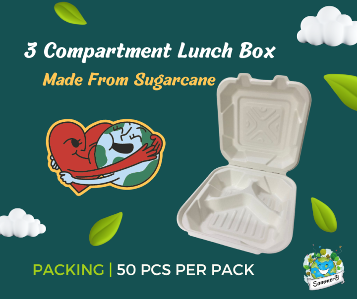 (50Pcs) Lunch Box 3 Compartment / Biodegradable Disposable Sugarcane ...