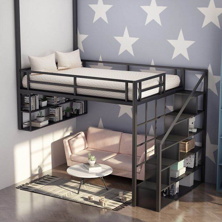 Nordic wrought iron bed and table elevated sheets upper attic bed small apartment space-saving ...