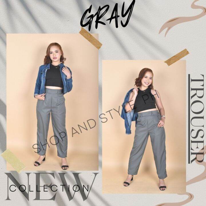 WOMEN TROUSER PANTS GRAY COLOR/ HIGH WAIST/ PENCIL STRAIGHT CUT ...