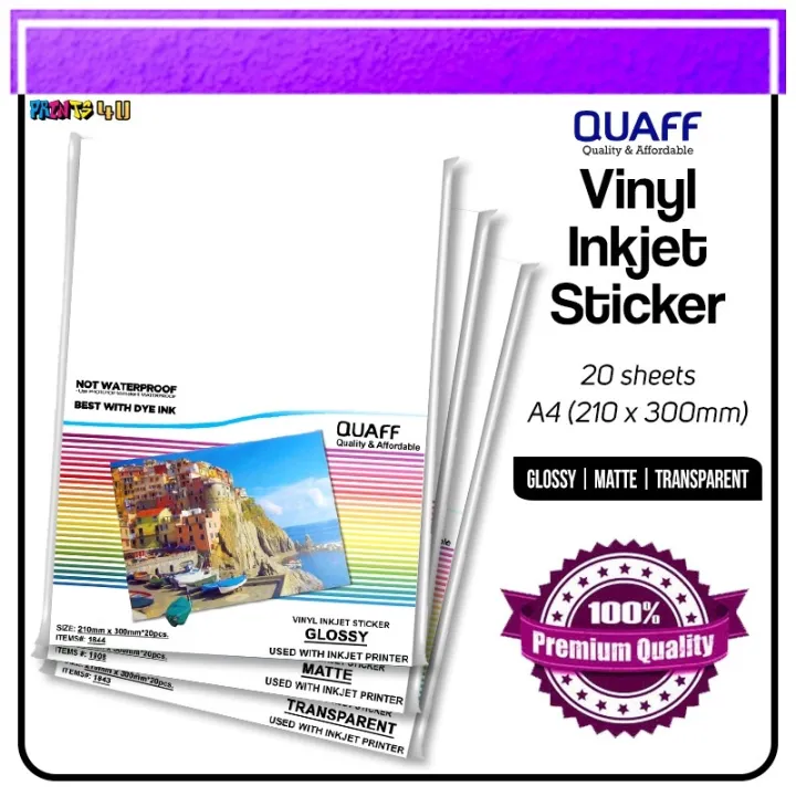 QUAFF Vinyl Inkjet Sticker A4 Size Glossy Matte Transparent (20Sheets ...