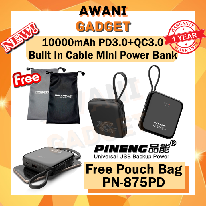 Pineng PN-875 10000mAh Built-In Cable Power Bank Fast Charging Cabled ...