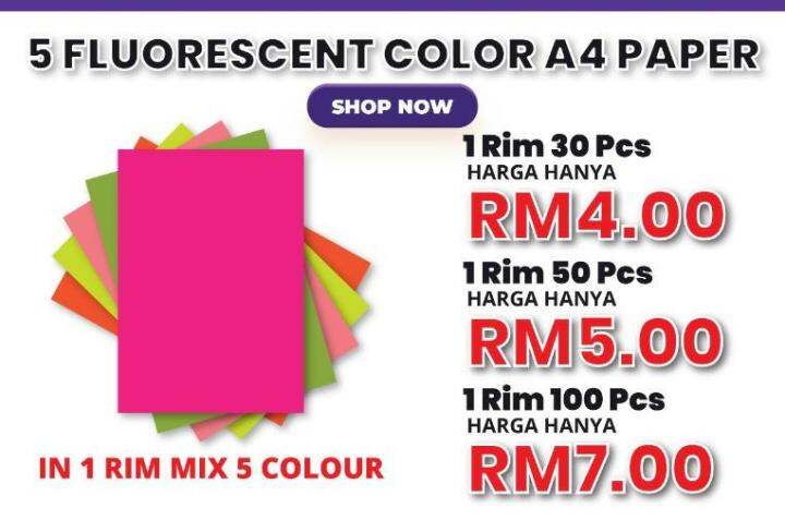 A4 Colour Paper 80gsm (Fluorescent Cyber Colour) MIX 5 Colours 30pcs ...