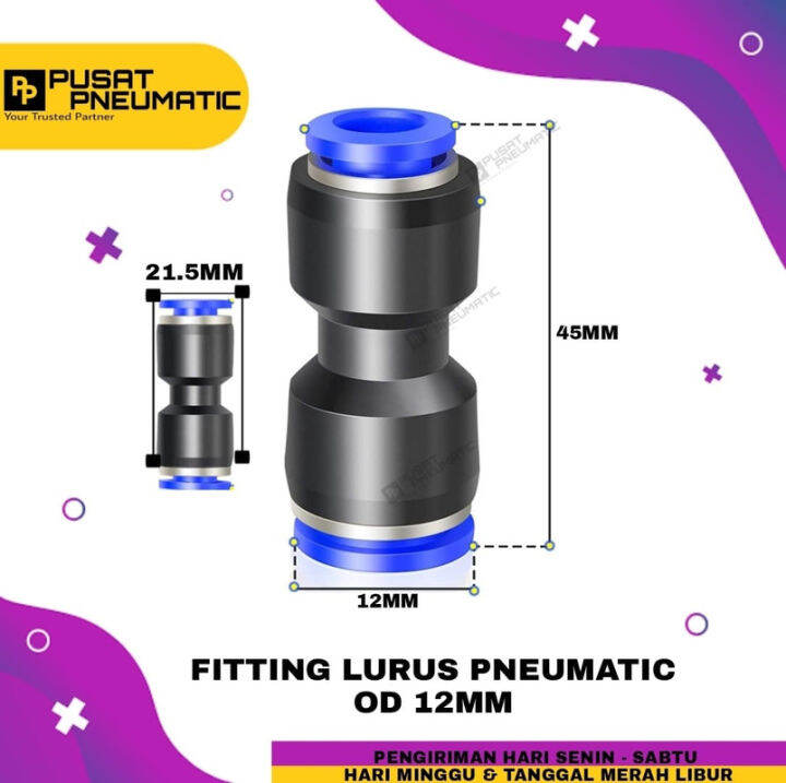 PU 12 Nepel Angin Fitting Pneumatic Lurus Selang ke Selang 12mm MPU 12 ...