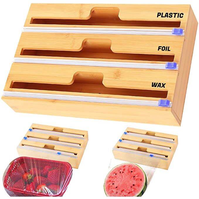 ♥3-Grids Bamboo Food Wrap Dispenser Bamboo Aluminum Foil Parchment ...