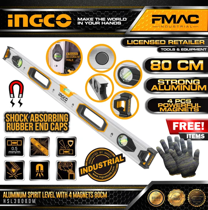 INGCO Industrial Aluminum Spirit Level with 4 Magnets 80cm HSL38080M ...