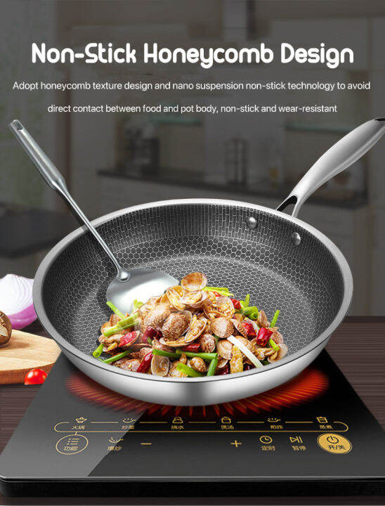 🇲🇾🐼24-30cm Stainless Steel Honeycomb Nonstick Pan Single Handle Frying ...