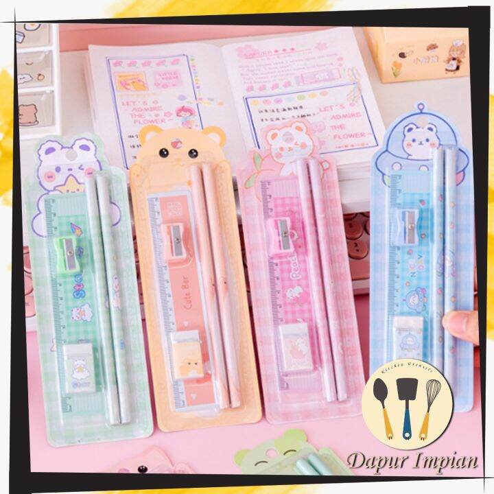 👨🏻‍🍳👩🏻‍🍳幼儿园儿童节小礼品卡通文具五件套 Ruler Rubber Pencil Sharpener Five Piece Kids ...
