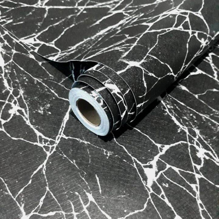 Wallpaper 10 meter x 45 cm Marmer Hitam Pekat Corak Putih / Wallpaper ...