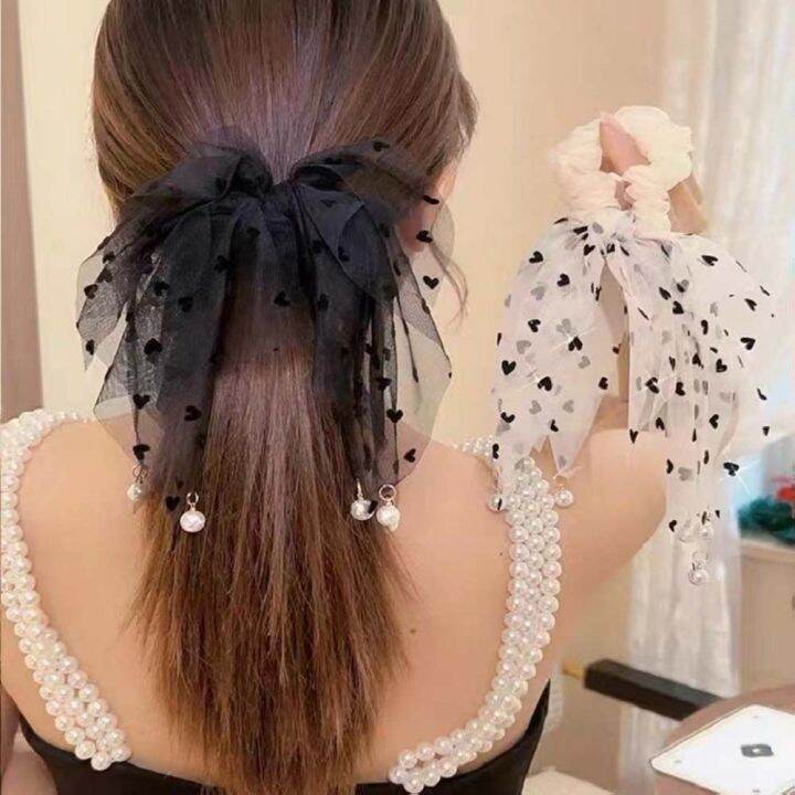 GHFHD ห่วงยางรัดผมตาข่ายยืดหยุ่นมุกสำหรับผู้หญิงเชือกรัดผมหวานแหววววติด ...