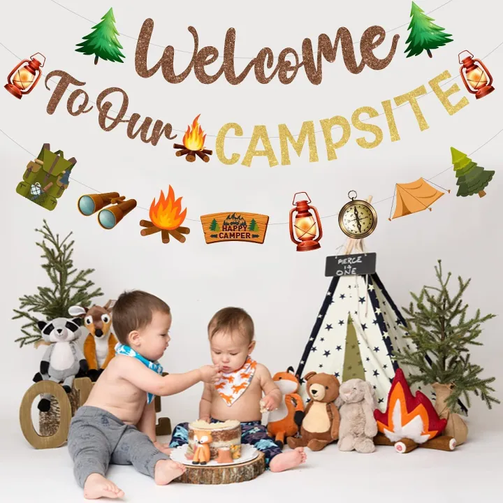 JOLLYBOOM Happy Camper Party Decorations Gold Glitter Welcome To Our ...