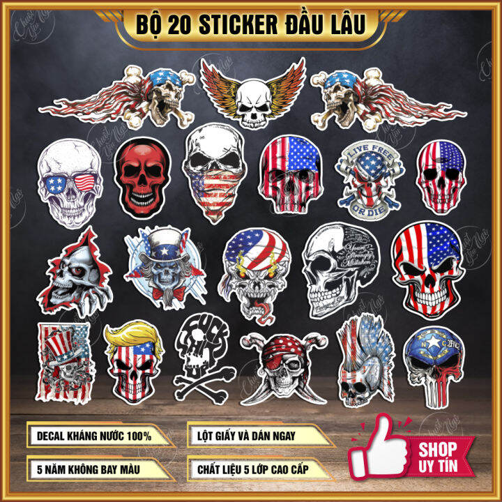 Bộ 20 hình dán decal sticker đầu lâu cờ mỹ tem xe chống thấm nước ...