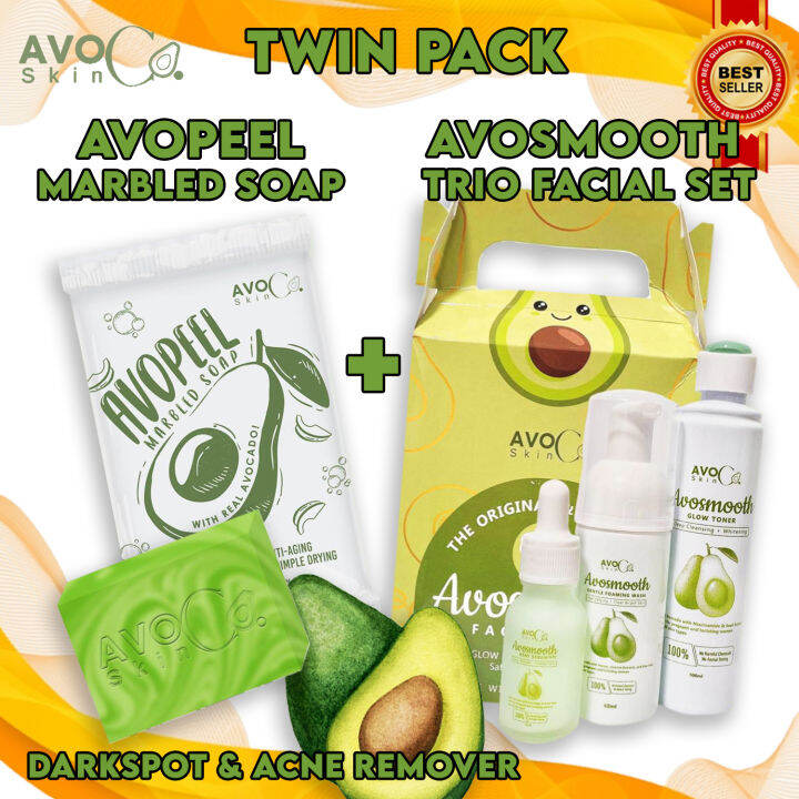 TWIN PACK of Avo Skin Co. Avosmooth Facial Set and Avo Skin Co. Avopeel Bleaching Soap made from ...