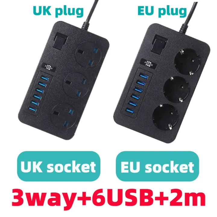 Black British standard only and European standard only safety 3way gang 6usb UK EU power strips ...