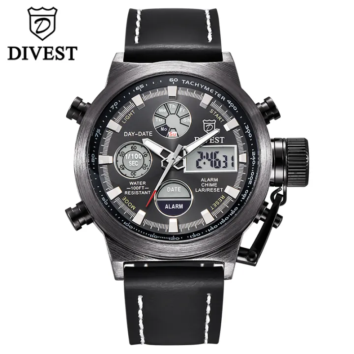 DIVEST ยี่ห้อผู้ชายกันน้ำกีฬานาฬิกาควอตซ์บุรุษนาฬิกา LED จอแสดงผลแบบ Dual ดิจิตอลอิเล็กทรอนิกส์ ...