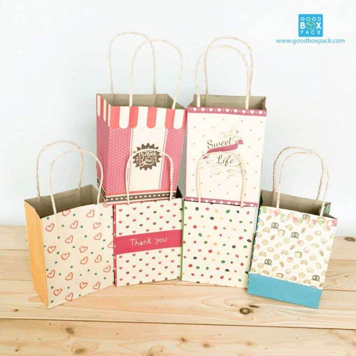 Goodboxpack(50ใบ/แพ็ค) ถุงกระดาษคราฟท์พิมพ์ลาย ไซส์ S ขนาด กว้าง 8 x ยาว 13 x สูง 18 ซม. ...