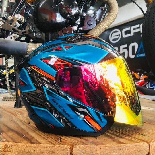 Gracshaw Gennex G535 Kaisar Yamaha Y15ZR Y16ZR Cyan Double Visor Helmet ...