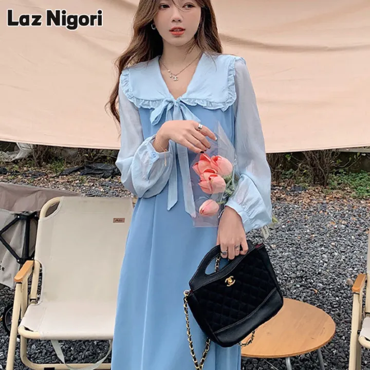Laz Nigori ชุดสตรีเวอร์ชั่นเกาหลีของ Ruffled พัฟแขนเอวชุดเย็บสีทึบ A ...