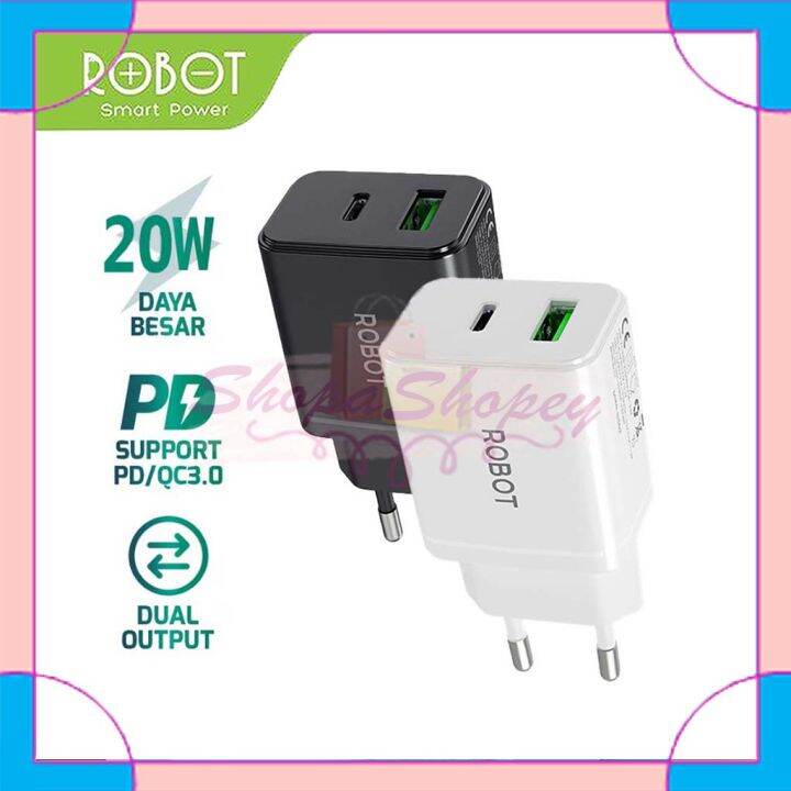 ROBOT RT-F5 20W Charger Adaptor Dual Port Output USB-C USB-A 3A PD QC3 ...