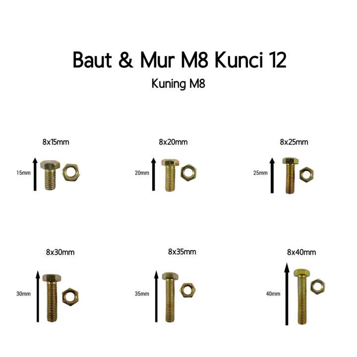Baut Drat Mur M8 Kunci No 12 Kuning Bahan Besi Ukuran 8 | Lazada Indonesia